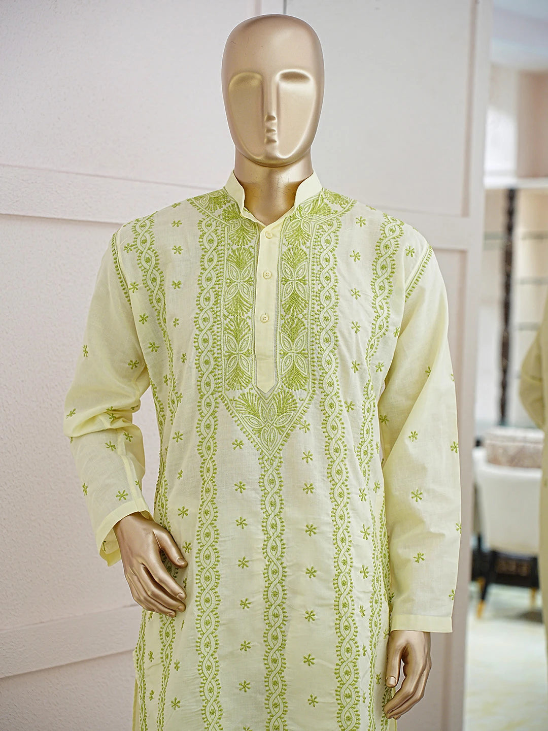 Lemon Cotton Chikankari Men’s Kurta – Ada Chikan