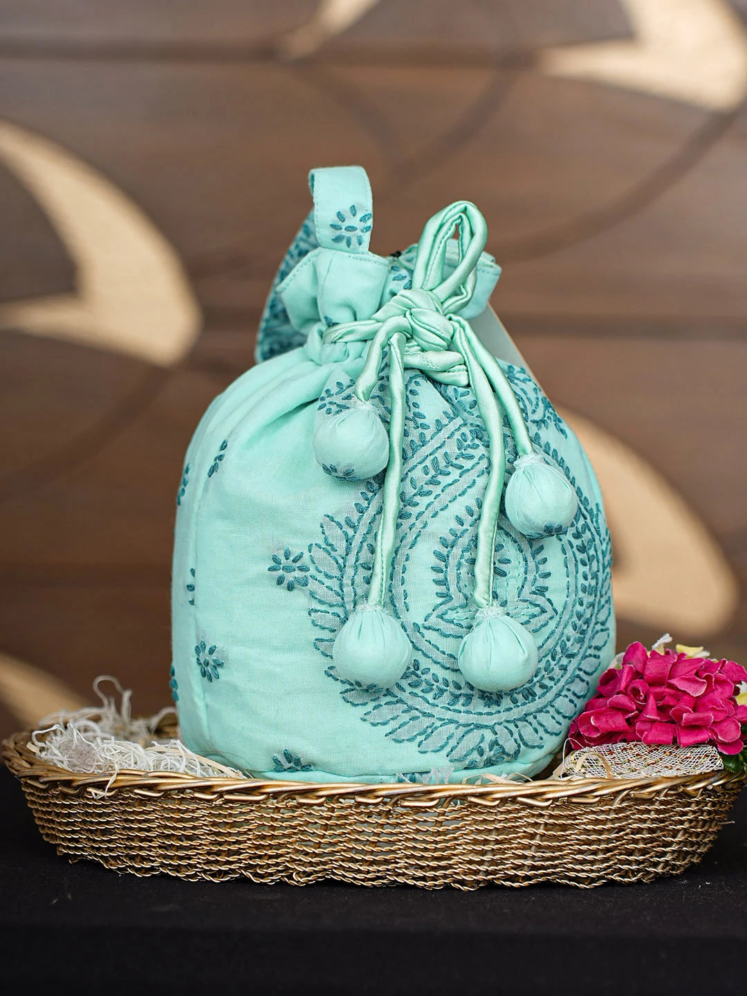 Ada Green Cotton Chikankari Potli Bag – Ada Chikan