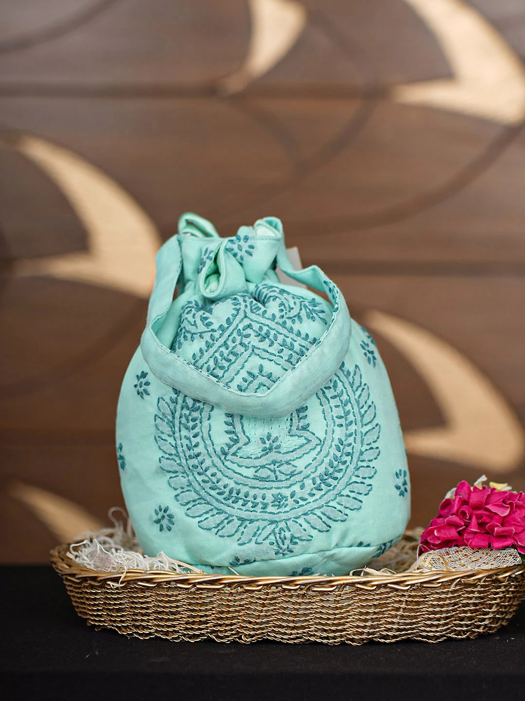 Ada Green Cotton Chikankari Potli Bag – Ada Chikan