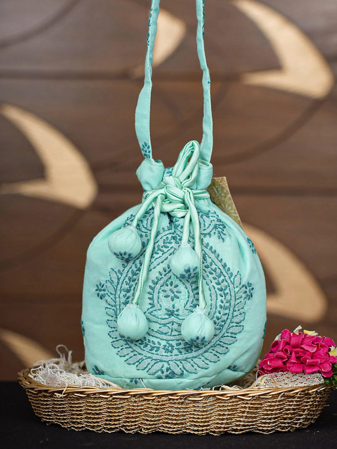 Ada Green Cotton Chikankari Potli Bag – Ada Chikan