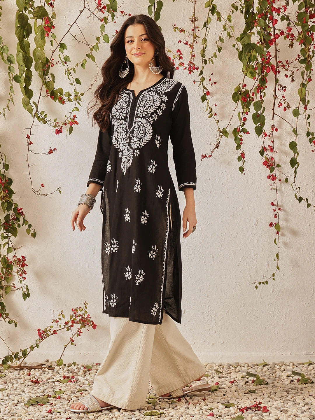 Ada Black Cotton Chikankari Straight Kurta – Ada Chikan
